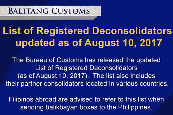 Bureau of Customs List of Registered Deconsolidators as of August 10, 2017