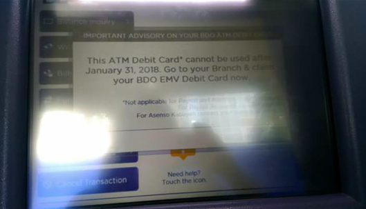BDO Debit Cards without EMV can no longer be used after January 31, 2018