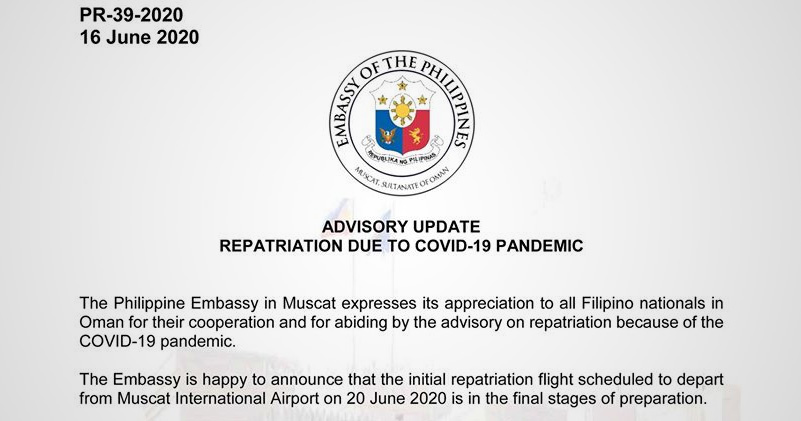 Philippine Embassy in Muscat announced the initial repatriation flight ...