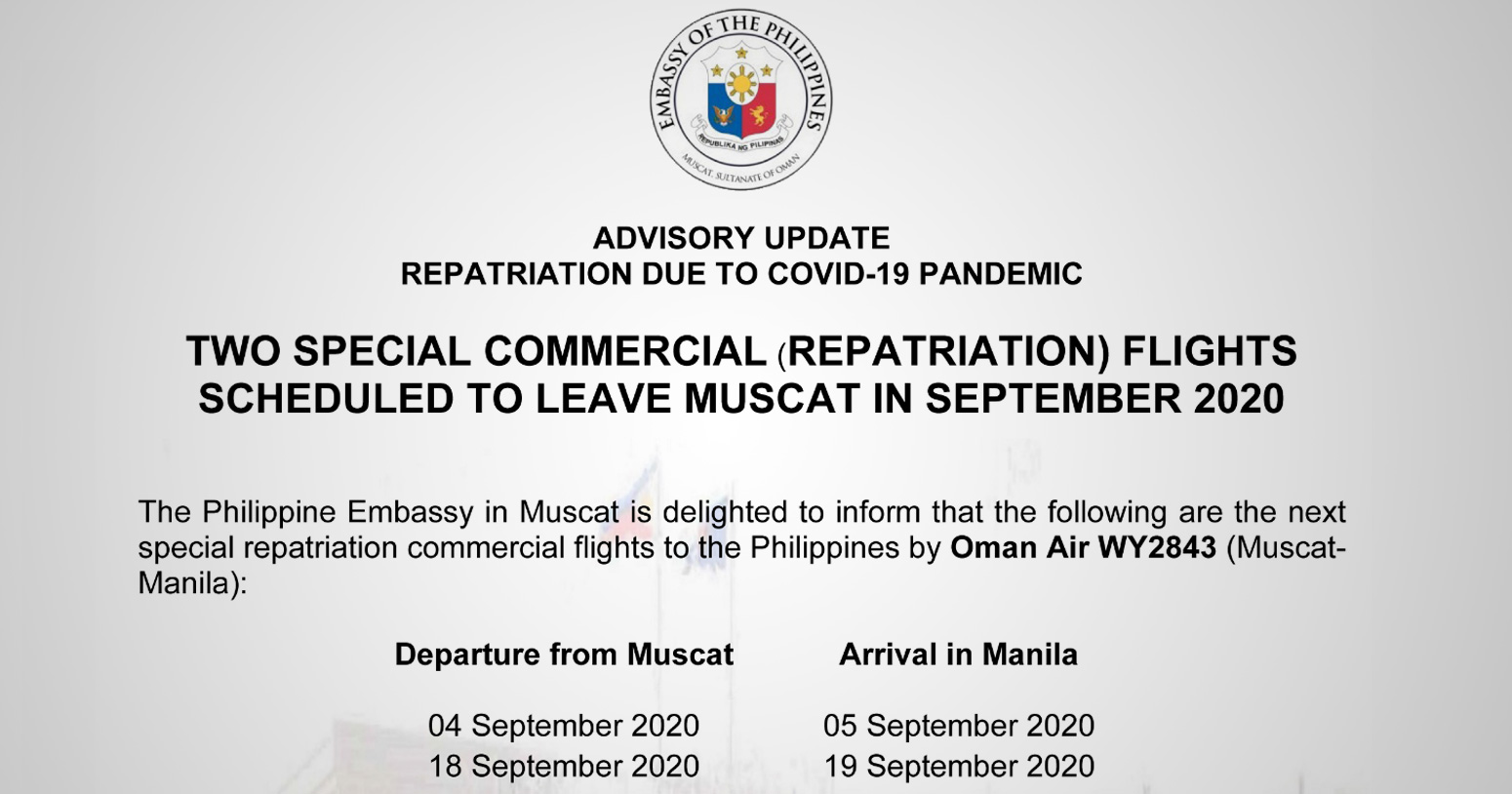 Schedule of Special Commercial (Repatriation) flights for September