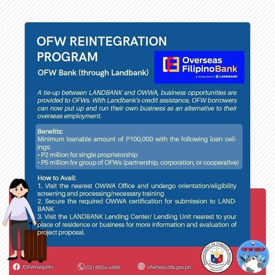 Different government reintegration programs for returning Overseas Filipino Workers