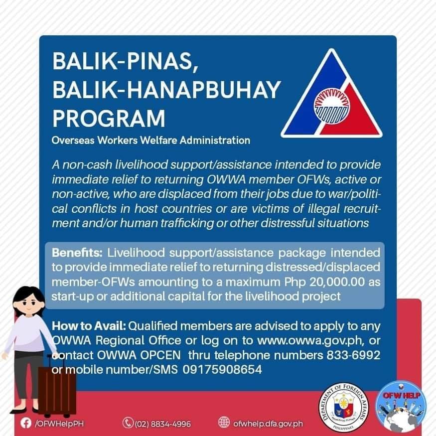 Different government reintegration programs for returning Overseas Filipino Workers