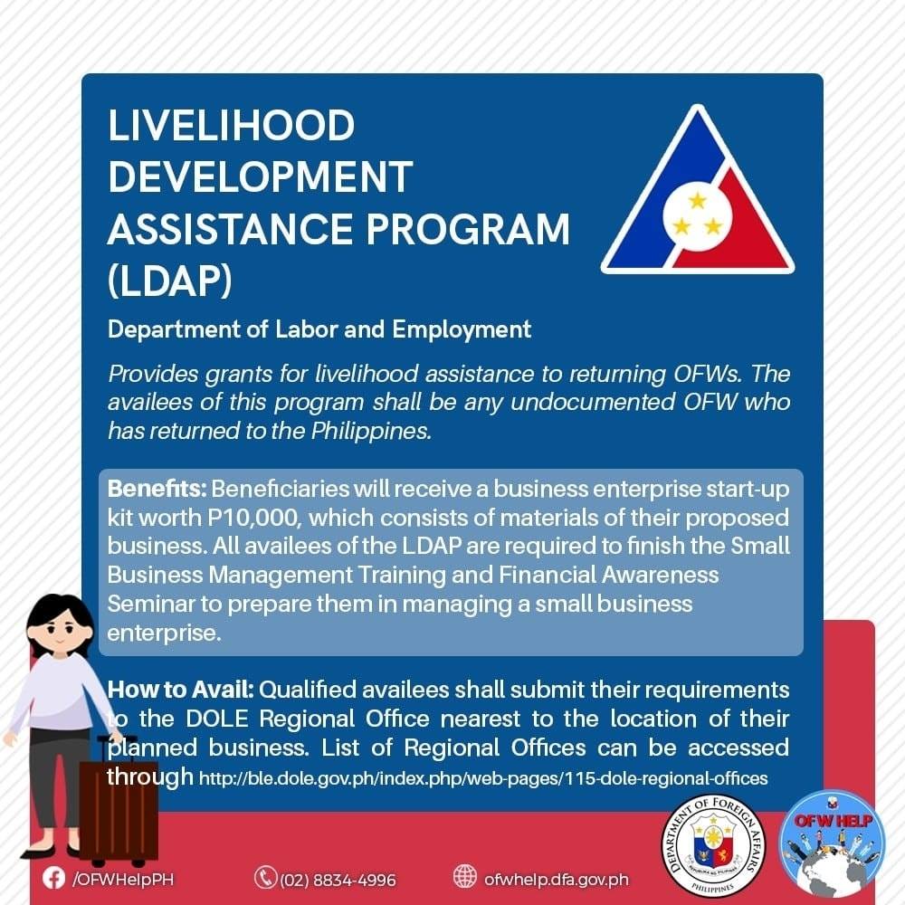 Different government reintegration programs for returning Overseas Filipino Workers