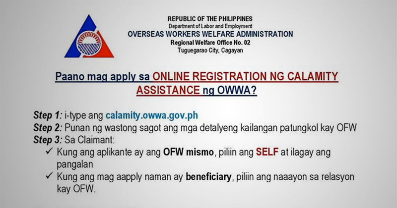 Calamity Assistance Online Application Advisory from OWWA Region 02