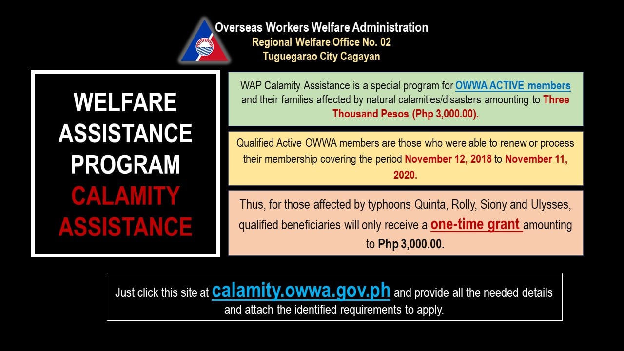 Calamity Assistance Online Application Advisory from OWWA Region 02