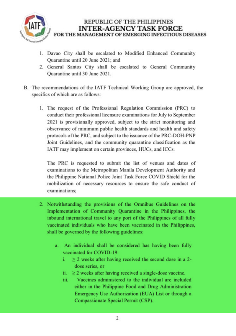 7-day quarantine for inbound travelers fully vaccinated in Philippines