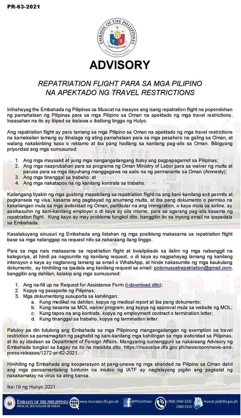 Repatriation flight for Filipino nationals affected by travel restrictions