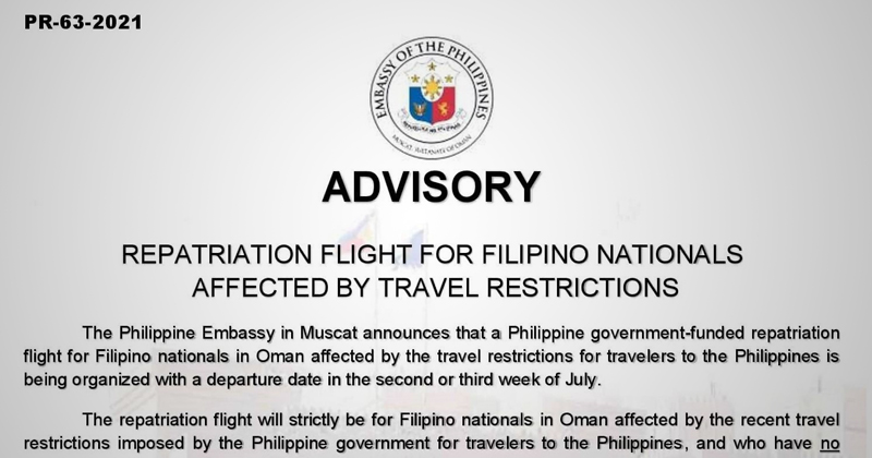 Repatriation flight for Filipino nationals affected by travel restrictions