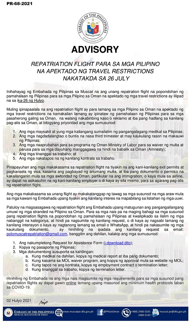 Philippine government-funded repatriation flight for Filipino nationals ...