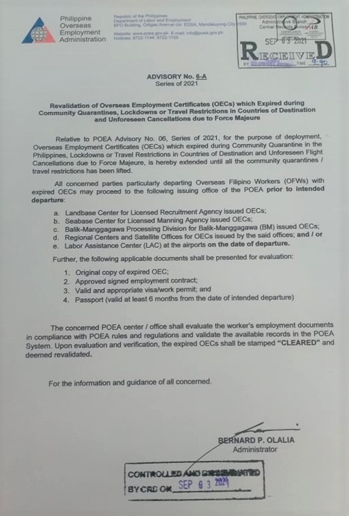 Revalidation of expired OECs has been extended