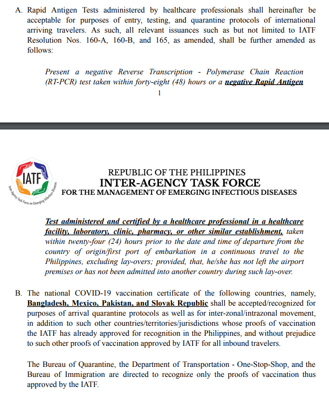 IATF allows use of rapid antigen test as entry requirement to PH