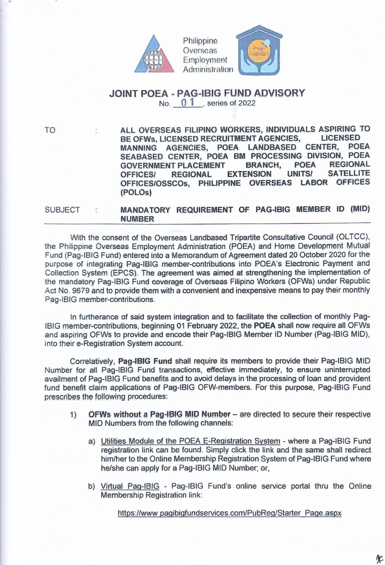 Mandatory Requirement of PAG-IBIG Member ID (MID) Number