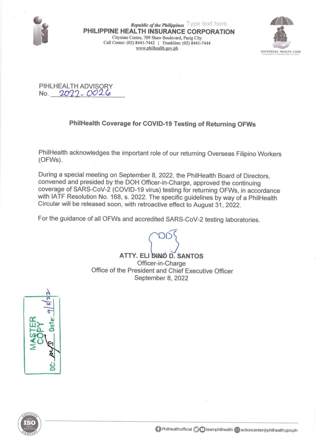 PhilHealth Coverage for COVID-19 Testing for Returning OFWs continues