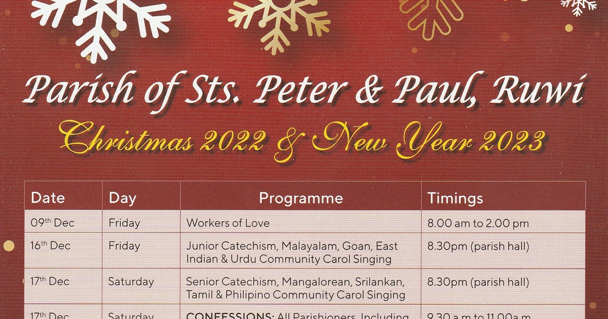 Ruwi and Ghala Church: Christmas 2022 and New Year’s Mass Schedules