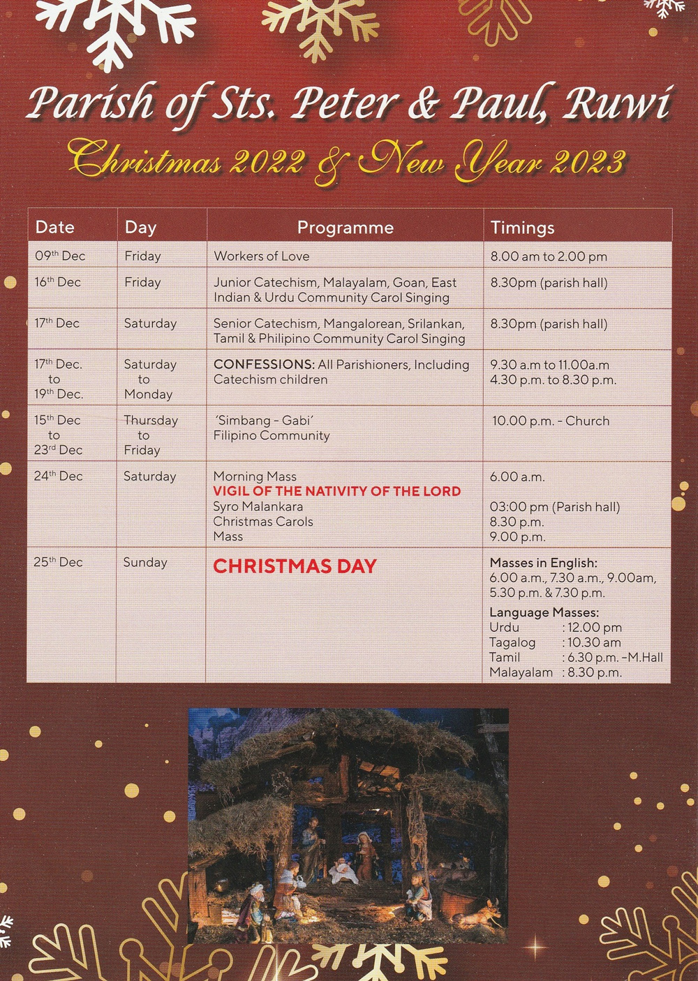 Ruwi and Ghala Church: Christmas 2022 and New Year’s Mass Schedules