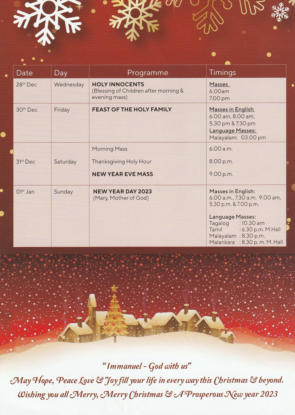 Ruwi and Ghala Church: Christmas 2022 and New Year’s Mass Schedules