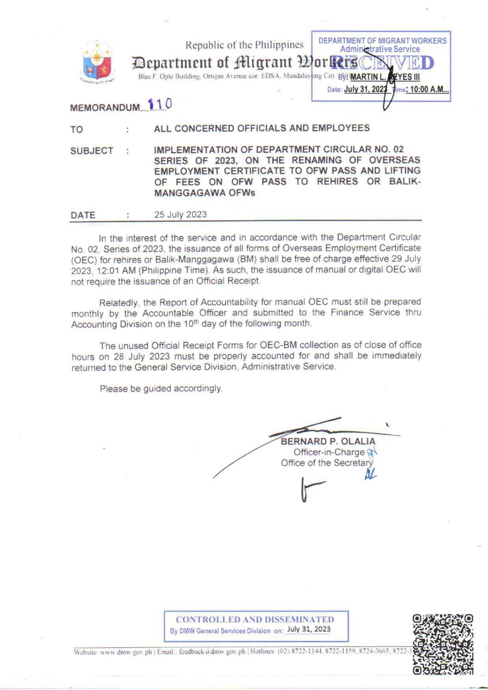 DMW: Issuance of OEC is now FREE